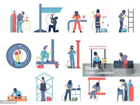 용접공 직원 금속 및 철 리노베이션 파이프 라인 및 건축 공정으로 작업하는 용접공 균일 한 용접 과정에 남자 최근 벡터 장면 개념에 대한 스톡 벡터 아트 및 기타 이미지