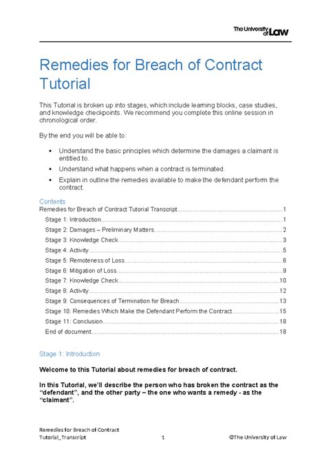 Con U4 Prep Tutprial Transcript Remedies For Breach Of Contract