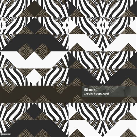 얼룩말 피부와 삼각형의 장식 힙 스 터 벡터 패턴입니다 인쇄를 위한 창조적 인 새로운 스타일의 현대 90 년대 테마 그림 준비 곡선에 대한 스톡 벡터 아트 및 기타 이미지