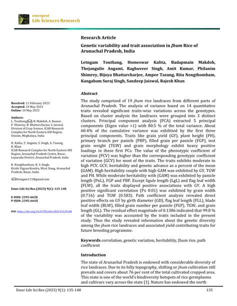 Pdf Genetic Variability And Trait Association In Jhum Rice Of
