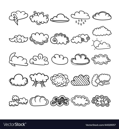 Clouds Hand Drawn Doodle Line Art Outline Set Vector Image