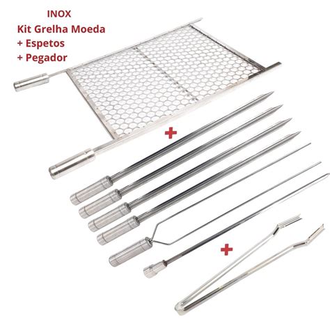 Kit Grelha Inox X E Espetos E Pegador Carnes Churrasco Shopee Brasil