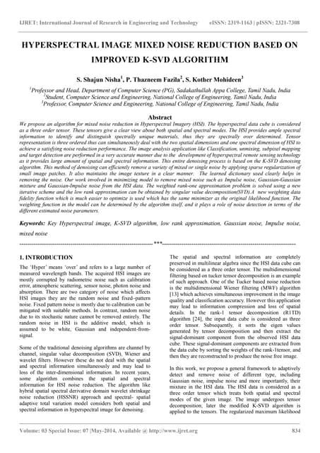 hyperspectral image mixed noise reduction based on improved k svd