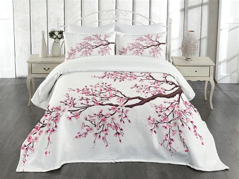 Ambesonne Japanese Quilted Bedspread Set 3 Pcs Sakura Branch Blossoms