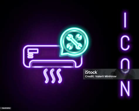 검은 색 배경에 격리 드라이버와 렌치 아이콘 빛나는 네온 라인 에어컨 조정 서비스 설정 유지 보수 수리 고정 다채로운 개요 개념 벡터 기후 묘사에 대한 스톡 벡터 아트 및