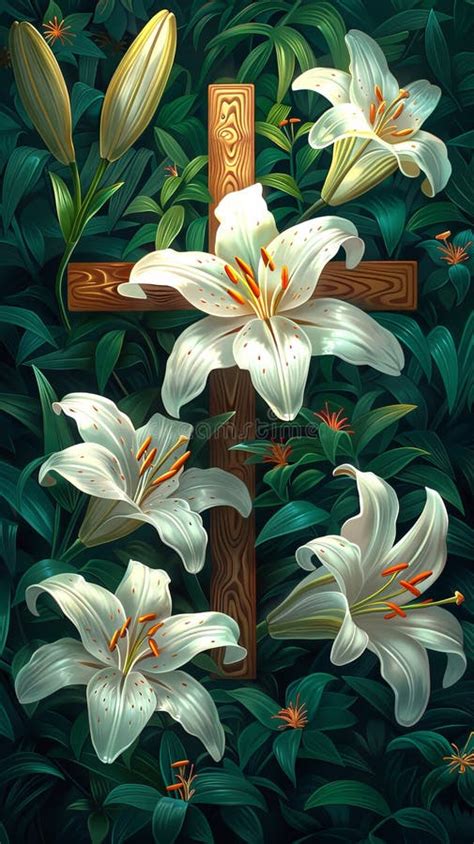 Wooden Cross Among The Blooming Lilies Concept Of Easter Greetings