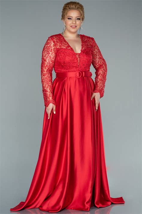 Long Red Satin Plus Size Evening Dress Abu2439