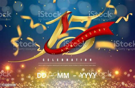 골드와 블루 배경 15 년 기념일 로고 템플릿 15 빨간 리본 벡터와 색종이 고립 된 디자인 요소와 황금 숫자를 축 하 15