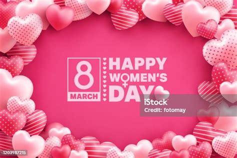 8 행진 여성의 날 포스터 또는 핑크 배경에 많은 달콤한 마음과 스마트 폰 배너 사랑과 여성의 날 개념에 대한 프로모션 및 쇼핑