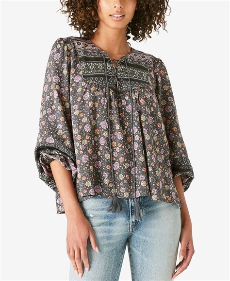 Lucky Brand Floral Print Contrast Trim Peasant Blouse Macys