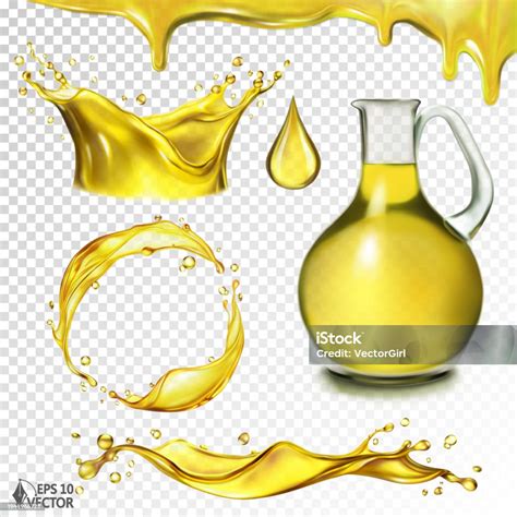 오일 또는 연료가 튀는 벡터 세트입니다 3d 사실적인 음식 그림입니다 다양한 모양의 투명한 물보라 흰색 배경에 고립된 주전자의 기름 광고 및 포장 디자인 요소 엔진 오일에