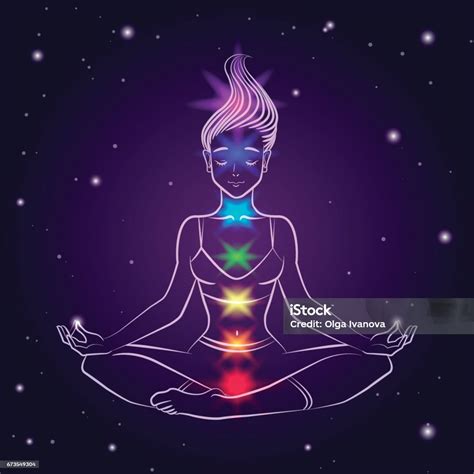 벡터 일러스트 레이 션 로터스에서 젊은 여자의 강조 표시 된 차크라 색상으로 포즈 라인 아트 Mental Wellbeing에 대한 스톡 벡터 아트 및 기타 이미지 Istock