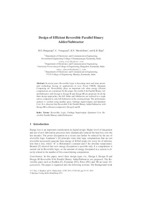 pdf design of efficient reversible parallel binary adder subtractor