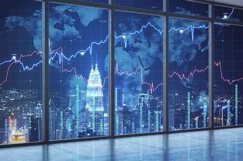 무역 및 중개인 개념 외환 차트 및 야간 도시 전망을 갖춘 현대적인 사무실 인테리어 3d 렌더링 프리미엄 사진