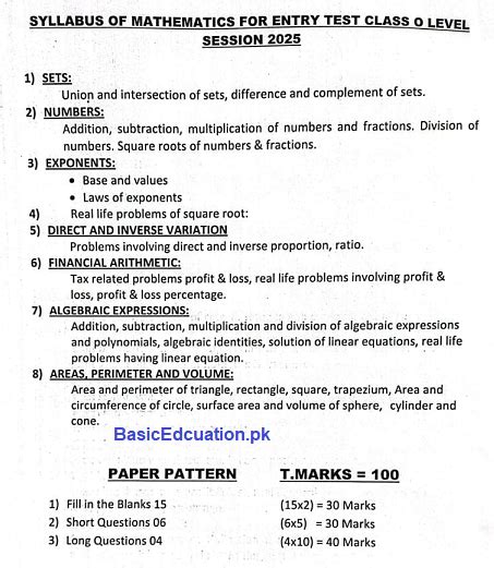 Syllabus Mathematic O Level Session 2025 Cadet College Batrasi Basic