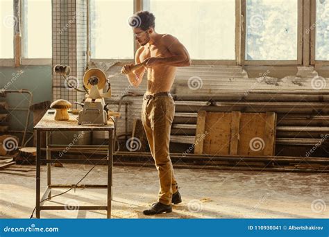 Wood Lathe Carpenter Lathing Wood Stock Image Image Of Male