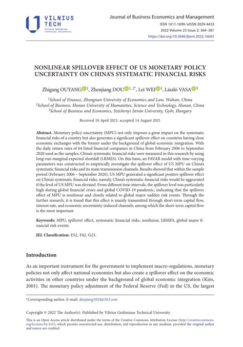 (PDF) Nonlinear spillover effect of us monetary policy uncertainty on ...