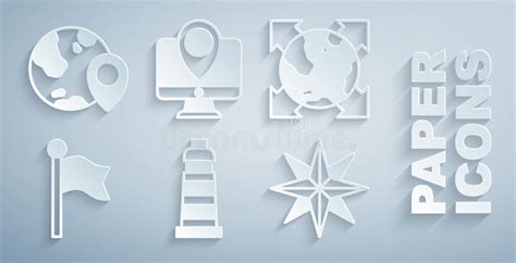 Set Lighthouse World Globe With Compass Location Marker Wind Rose Monitor Location And The