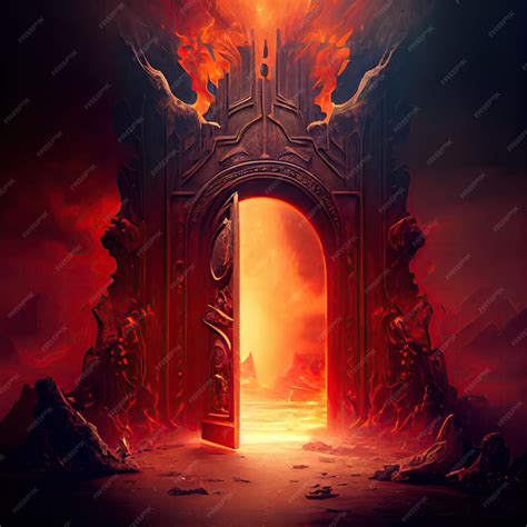Premium Photo Huge Entrance Doors Leading To Gates Of Hell On Edge Of Burning Abyss