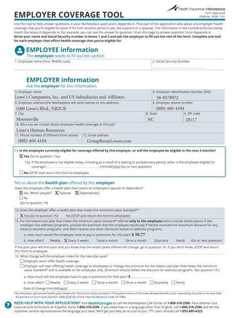 Fillable Online Employer Coverage Tool Form Approved Omb No Fax Email Print Pdffiller