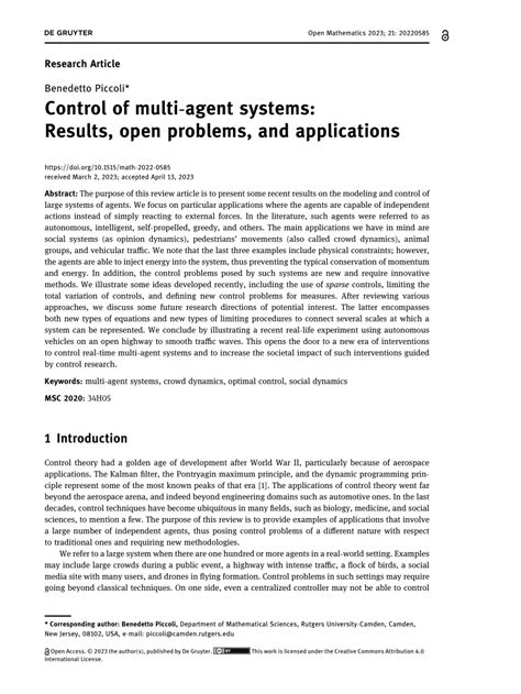 PDF Control Of Multi Agent Systems Results Open Problems And Applications