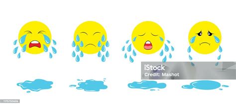 Set Cartoon Huilen Emoji Gezichten Met Tear Drops En Plassen Weeping