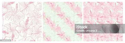 히비스커스 핑크 플라워 실루엣과 라인 아트 원활한 패턴 세트 섬유 직물 벽지 또는 스크랩북 종이 손으로 그린 꽃 열 대 그림 식물 녹지 벡터 배경 0명에 대한 스톡 벡터