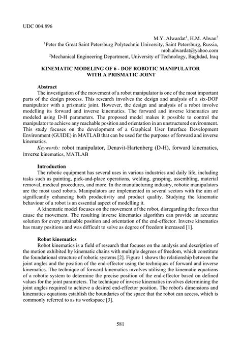 pdf kinematic modeling of 6 dof robotic manipulator with a