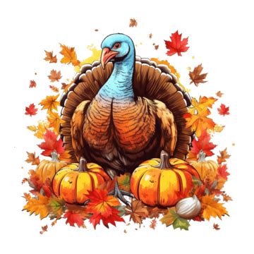 Happy Thanksgiving Turkey Holding Pumpkin Bees And Foliage Celebration