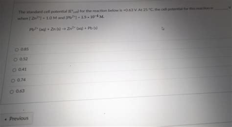 Solved The Standard Cell Potential E∘ Cell For The Reaction