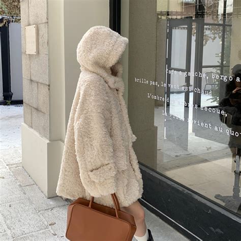 드레스날다 크림당일배송 도톰따뜻 루즈핏 후드 양털 덤블 하프 코트