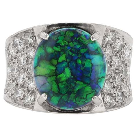 Fiery Australian Black Opal And Diamond Cocktail Ring For Sale At
