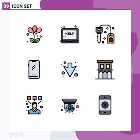 Pack Of 9 Creative Filledline Flat Colors Of Arrow Android Hotel Mobile Phone Editable Vector