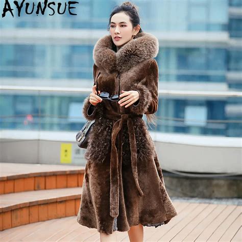 Ayunsue 양면 모피 코트 여성 여우 모피 칼라 천연 양모 모피 겨울 자켓 여성 정품 가죽 자켓 My리얼 퍼 Aliexpress
