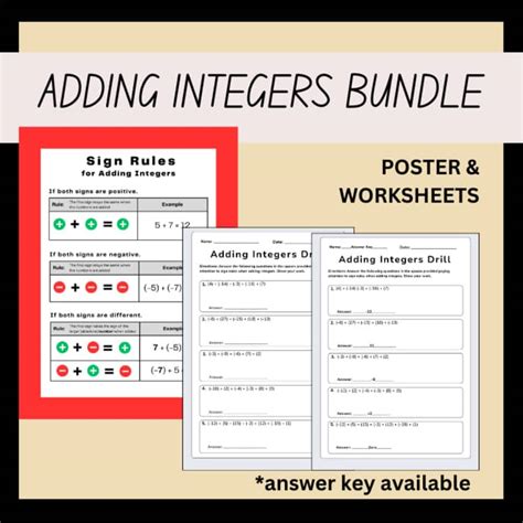 Adding Integers Teaching Bundle Visual Posters And Practice Worksheets