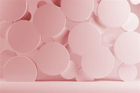 밝은 분홍색 추상 무대 모형 부드러운 빛나는 배경에 비행 플라스틱 원 템플릿 3d 일러스트 레이션 젠틀 기하학적 장면 프리젠 테이션 화장품 상품 광고 디자인 디스플레이 3