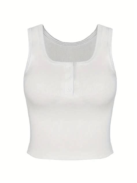 Solid Ribbed Button Front Top Casual Crew Neck Summer Regionname