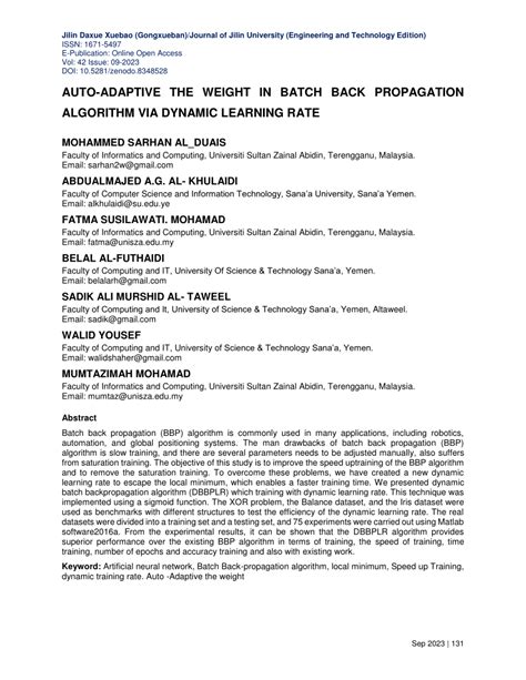 Pdf Auto Adaptive The Weight In Batch Back Propagation Algorithm Via Dynamic Learning Rate