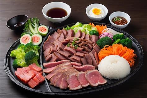 Premium Ai Image Sukiyaki Fresh Beef Pork Slices Vegetable Dinner Set