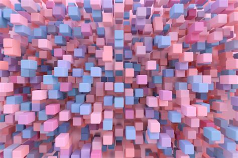 무작위 큐브 요소가있는 다채로운 추상 기하학적 3d 배경 베이지색과 파란색 파스텔 팔레트 고급 추상적 인 배경 수평 크기 3d 렌더링 그림 3차원 형태에 대한 스톡 사진 및
