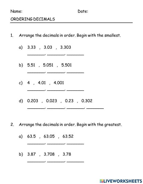 Ordering Decimals Online Exercise For Live Worksheets