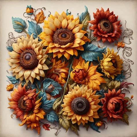 Premium Photo Realistic Vintage Colorful Sunflower