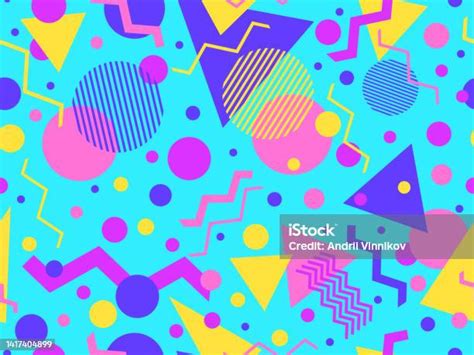 80 년대 스타일의 기하학적 모양의 완벽한 패턴 다채로운 기하학적 패턴 판촉 제품 디자인 포장지 및 인쇄 벡터 일러스트 레이 션 0명에 대한 스톡 벡터 아트 및 기타 이미지