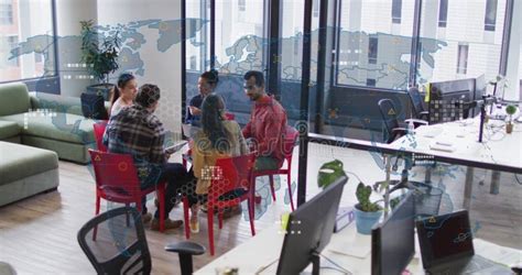 Animation Of World Map And Data Processing Against Diverse Colleagues Discussing Together At