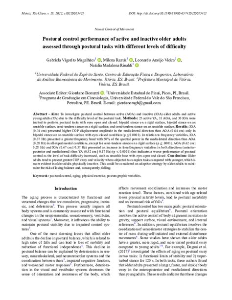 Pdf Postural Control Performance Of Active And Inactive Older Adults Assessed Through Postural