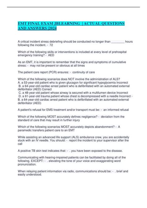 EMT FINAL EXAM JBLEARNING ACTUAL QUESTIONS AND ANSWERS 2024 EMT Stuvia US