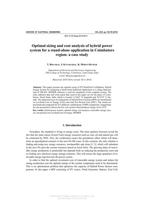 Pdf Optimal Sizing And Cost Analysis Of Hybrid Power System For A Stand Alone Application In