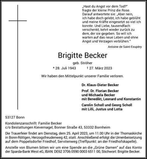 Traueranzeigen Von Brigitte Becker Gatrauerde