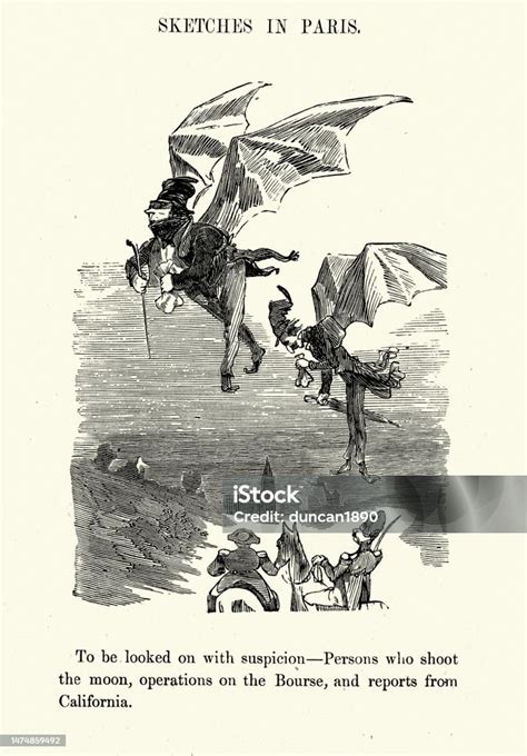 거대한 박쥐 날개를 사용하여 날아다니는 남자들 Gustave Dore의 빈티지 만화 프랑스 파리의 스케치 빅토리아 시대 1860