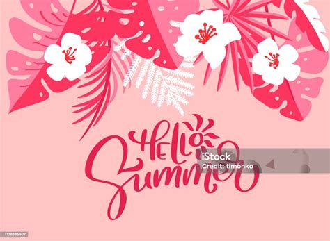 텍스트 안녕하세요 여름 꽃 야자수 배경 손으로 그려진 글자 서 예 벡터 일러스트입니다 재미 견적 디자인 로고 인사말 카드입니다 영감 타이포 그래피 포스터 배너 격언에 대한